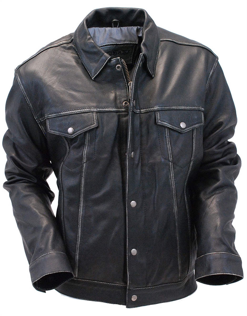 Black Vintage Leather Jean Jacket with Dual CCW Pockets - Maker of Jacket
