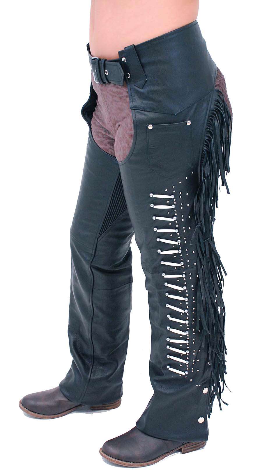 Premium Leather Chaps with Bone Beading, Stretch Thighs & Fringe