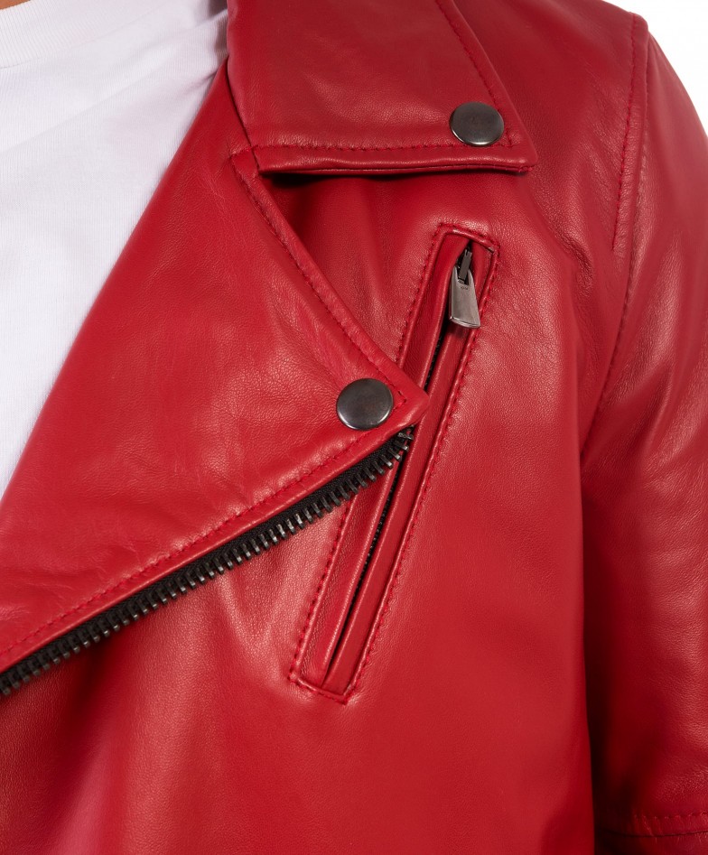 CHIODO BIKER – Red Belted Leather Biker Jacket - Maker of Jacket