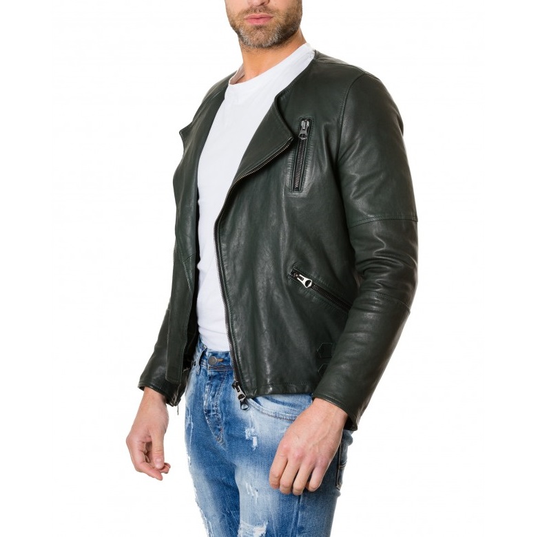 CLOU2- Green Leather Jacket No Collar - Maker of Jacket