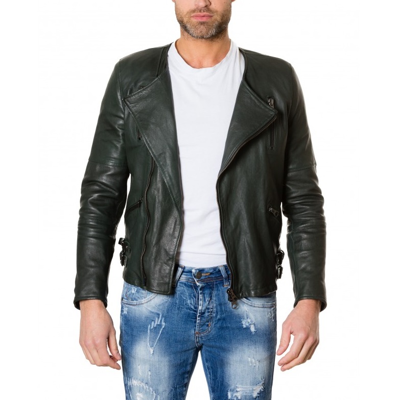 CLOU2- Green Leather Jacket No Collar - Maker of Jacket