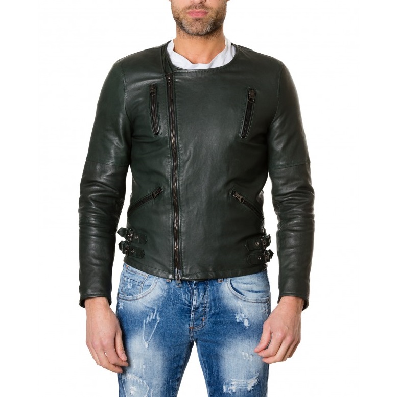 CLOU2- Green Leather Jacket No Collar - Maker of Jacket