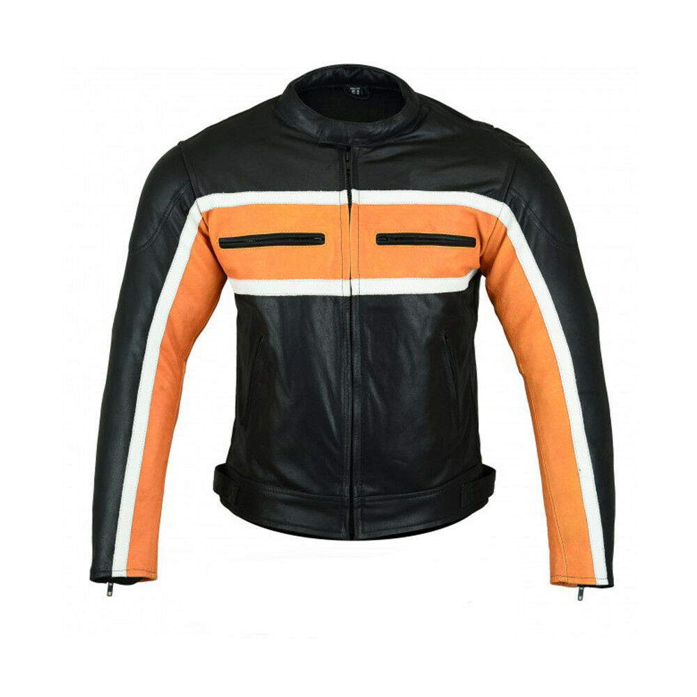Men Black Orange Biker White Stripes Safety Pads Jacket - Maker of Jacket