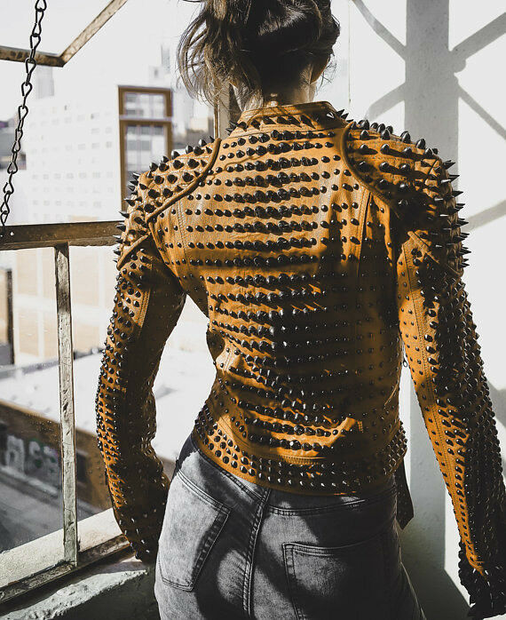 Orange Color Leather Silver Spike Adjustable Waist Jacket - Maker of Jacket