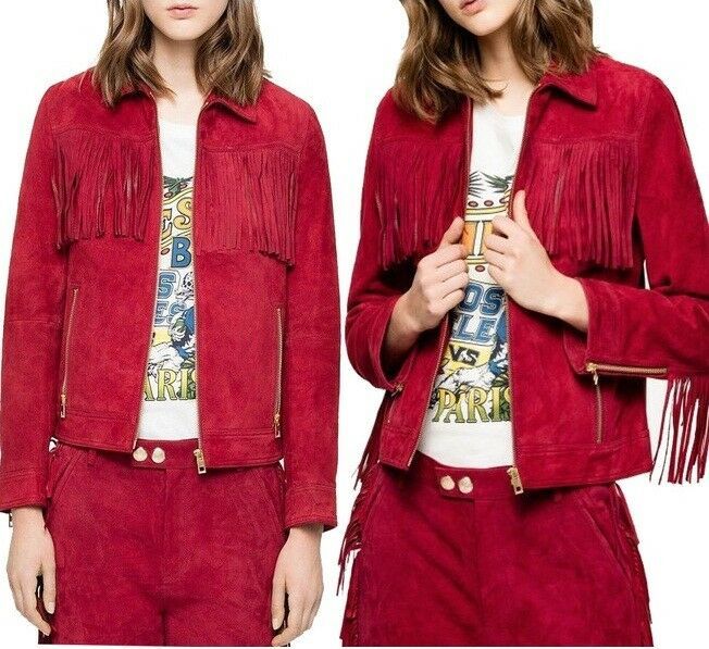 Women's Red Color Western Fringed Leather Jacket - Maker of Jacket