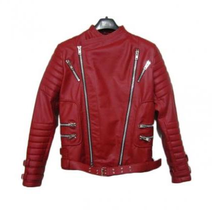 Leather Ribbed Red Biker Jacket - Maker of Jacket
