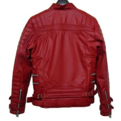 Leather Ribbed Red Biker Jacket - Maker of Jacket