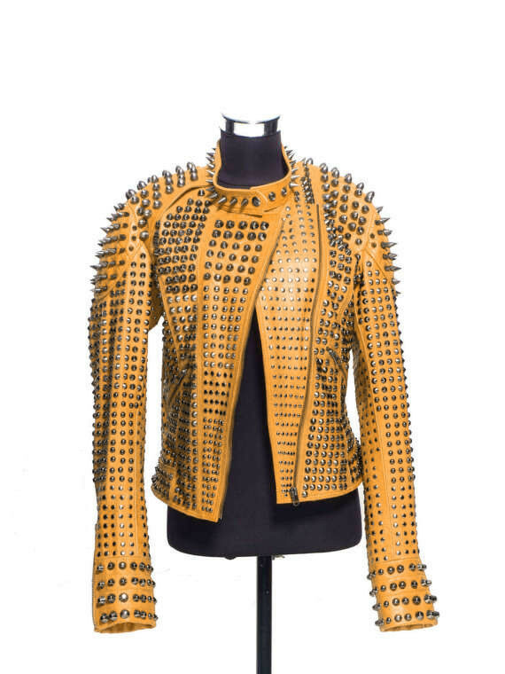 Orange Color Leather Silver Spike Adjustable Waist Jacket - Maker of Jacket