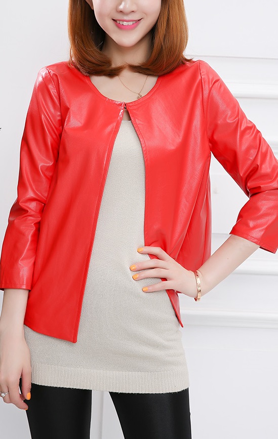 Open Front Short Sleeves Red Leather Jacket - Maker of Jacket