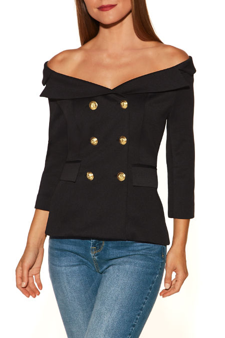 Women's Off Shoulder Black Scuba Double Breasted Jacket - Maker of Jacket