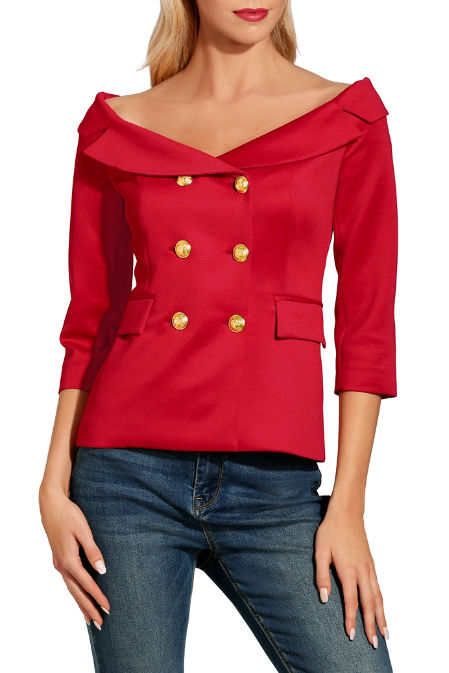 Women's Off Shoulder Red Scuba Double Breasted Jacket - Maker of Jacket