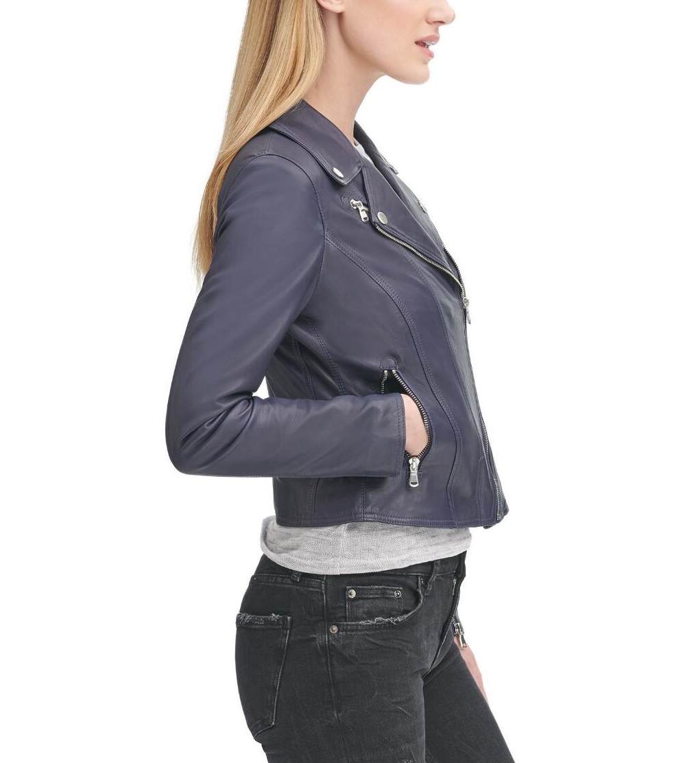 Asymmetrical Zip Blue Leather Jacket With Zip Cuff - Maker of Jacket