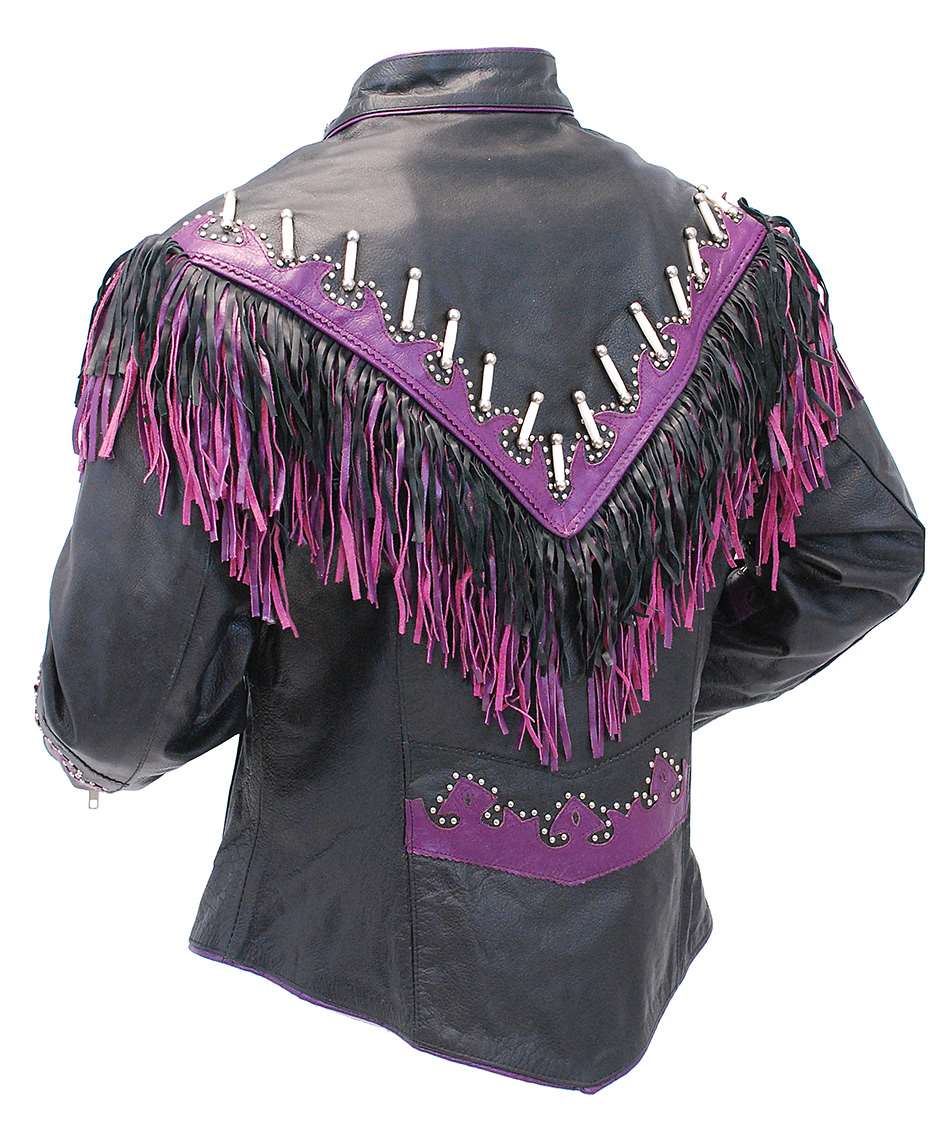 Genuine Bone & Purple Fringe Leather Jacket - Maker of Jacket