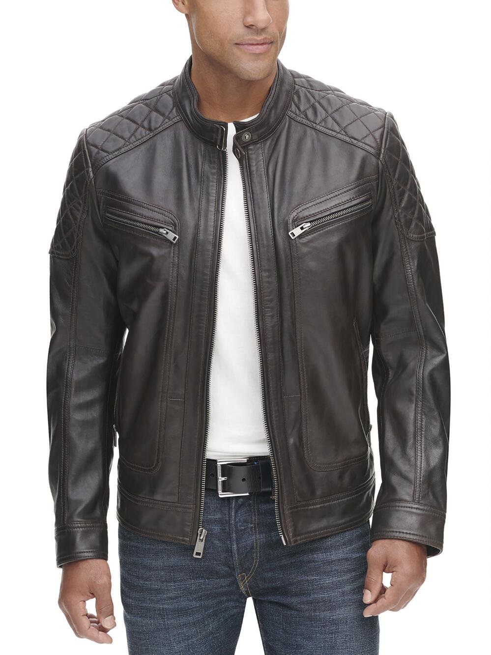 Men's Vintage Quilted Leather Jacket With Zippered Pockets - Maker of ...