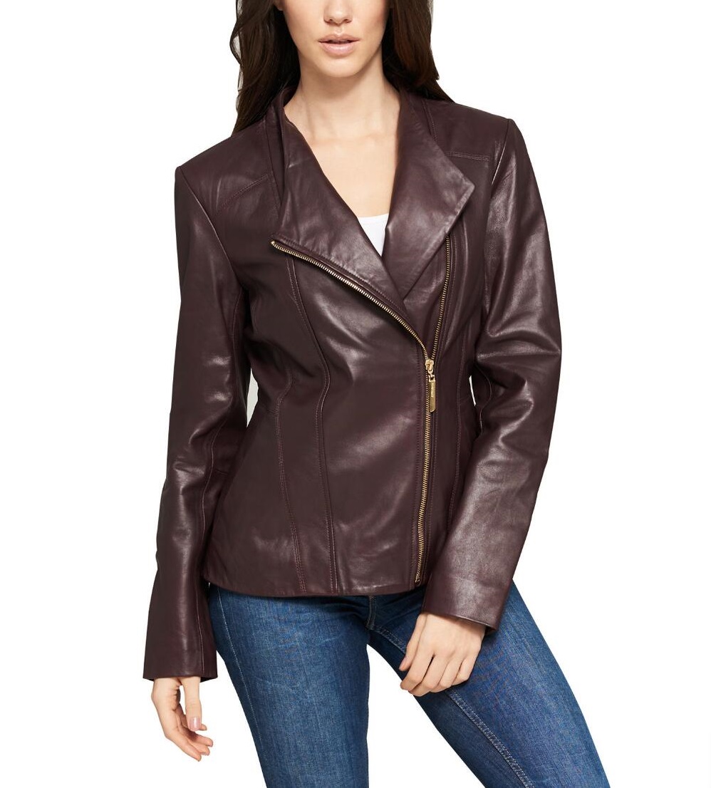 Women's Asymmetrical Cut Burgundy Color Leather Jacket - Maker of Jacket
