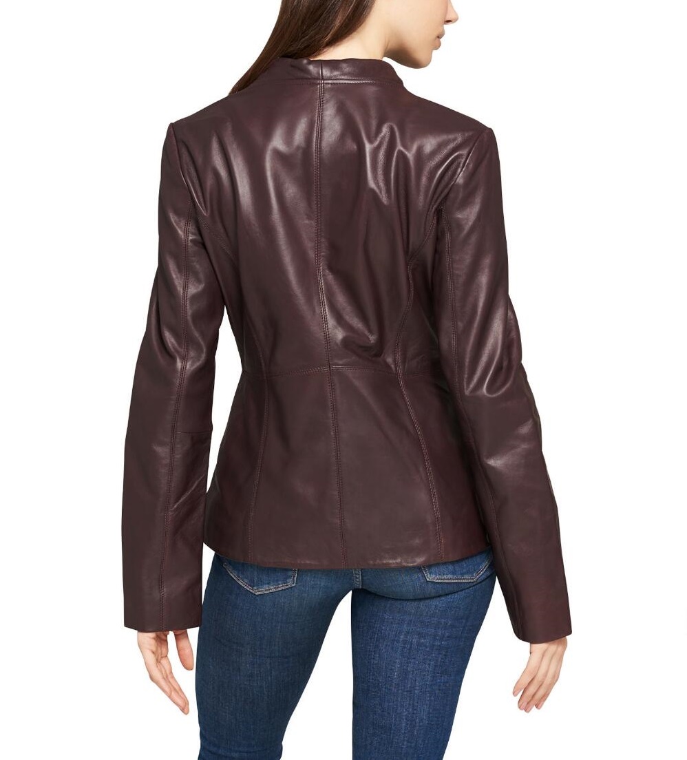 Women's Asymmetrical Cut Burgundy Color Leather Jacket - Maker of Jacket