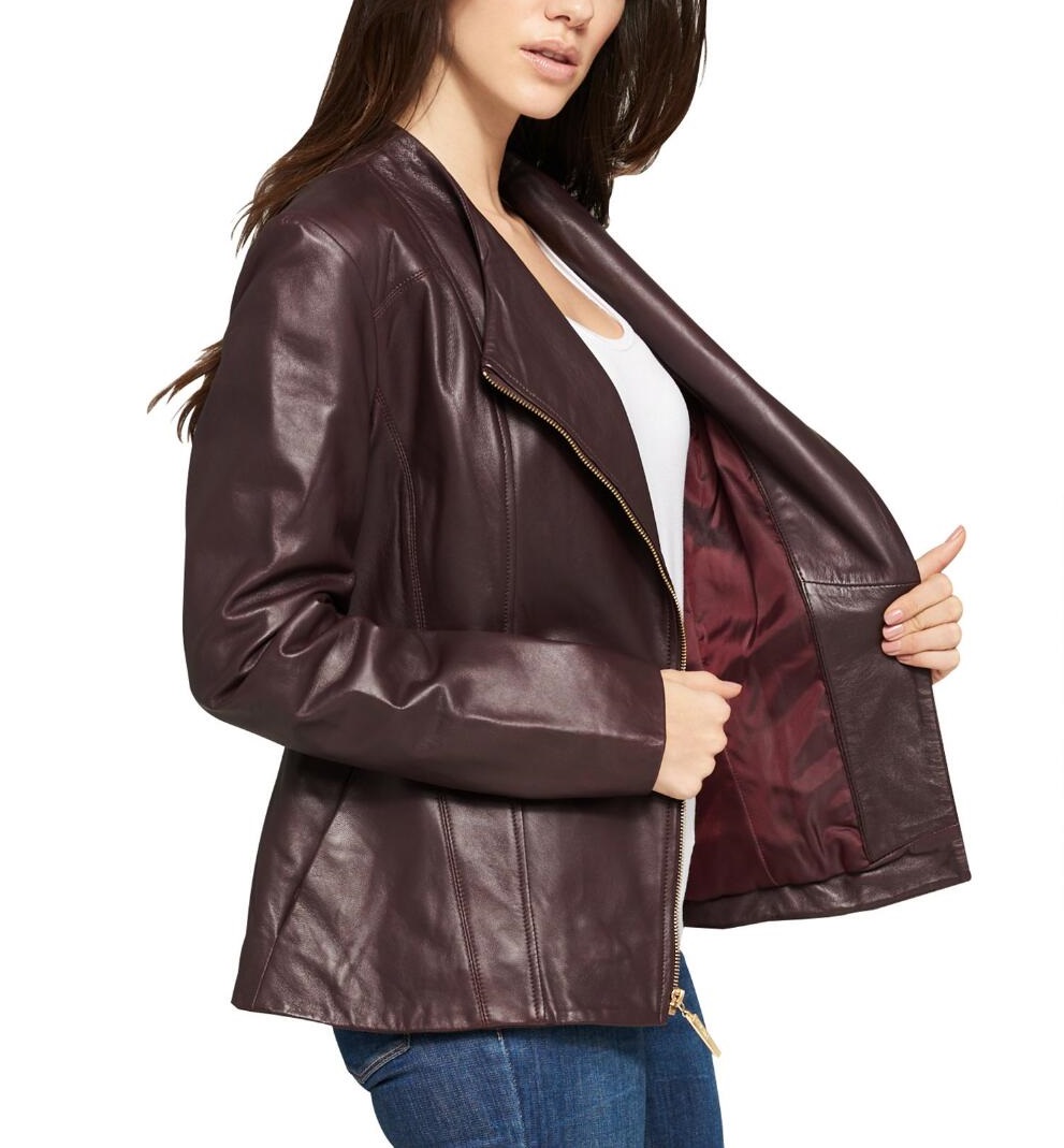 Women's Asymmetrical Cut Burgundy Color Leather Jacket - Maker of Jacket