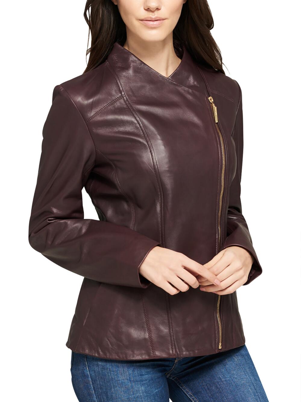 Women's Asymmetrical Cut Burgundy Color Leather Jacket - Maker of Jacket