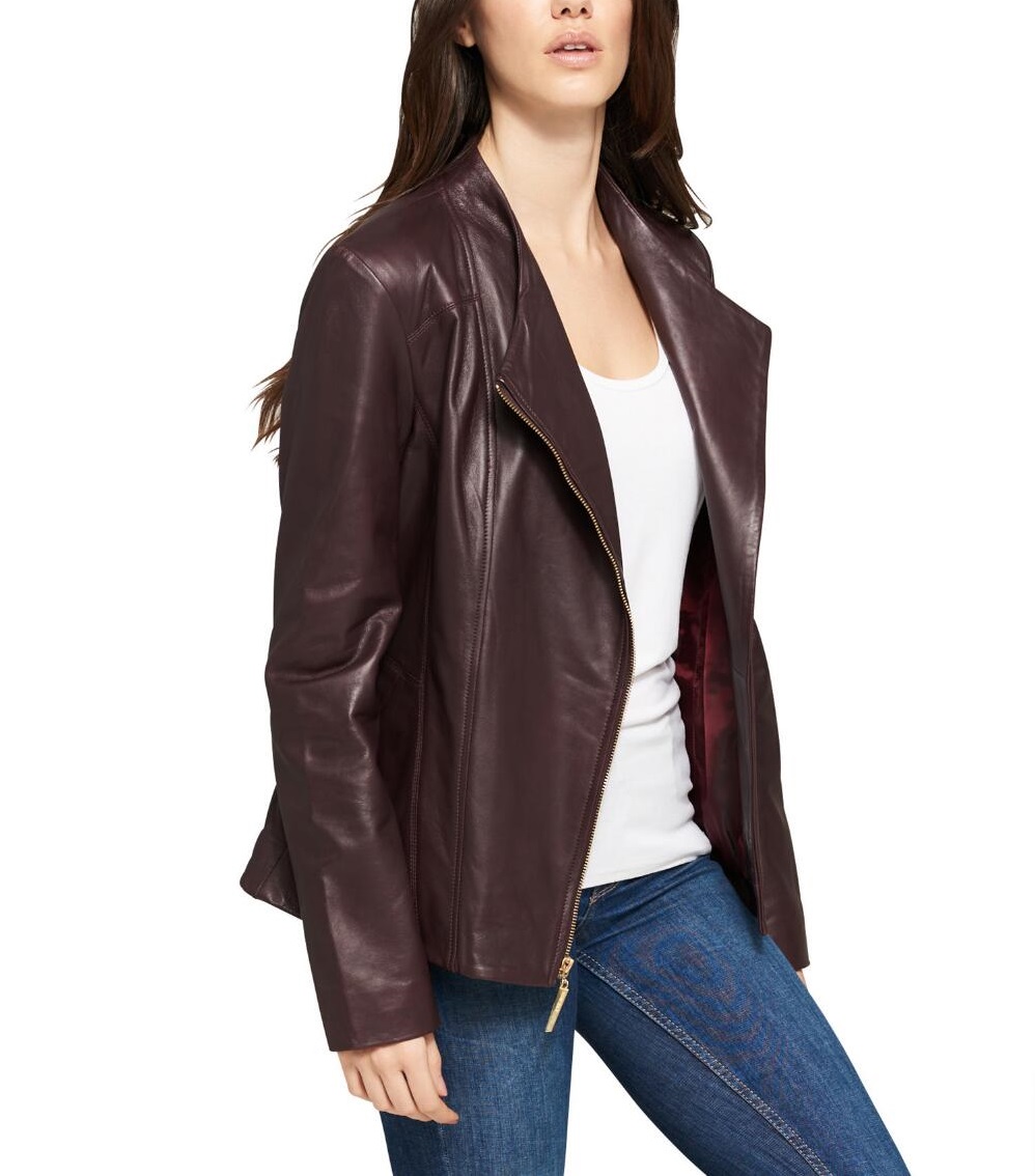 Women's Asymmetrical Cut Burgundy Color Leather Jacket - Maker of Jacket