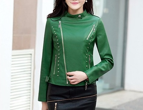 Women's Green Color Studded Leather Jacket - Maker of Jacket
