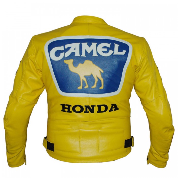 Men's Yellow Honda Camel Racing Motorcycle Leather Jacket - Maker of Jacket
