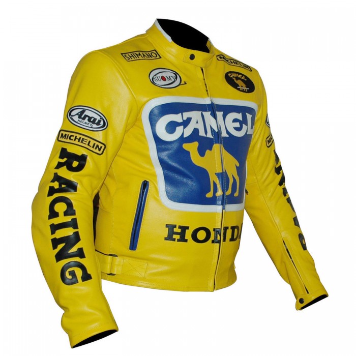 Men's Yellow Honda Camel Racing Motorcycle Leather Jacket - Maker of Jacket