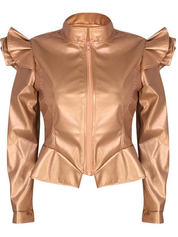 Plus Size Zip Up Ruffle Shoulder Leather Jacket - Maker of Jacket