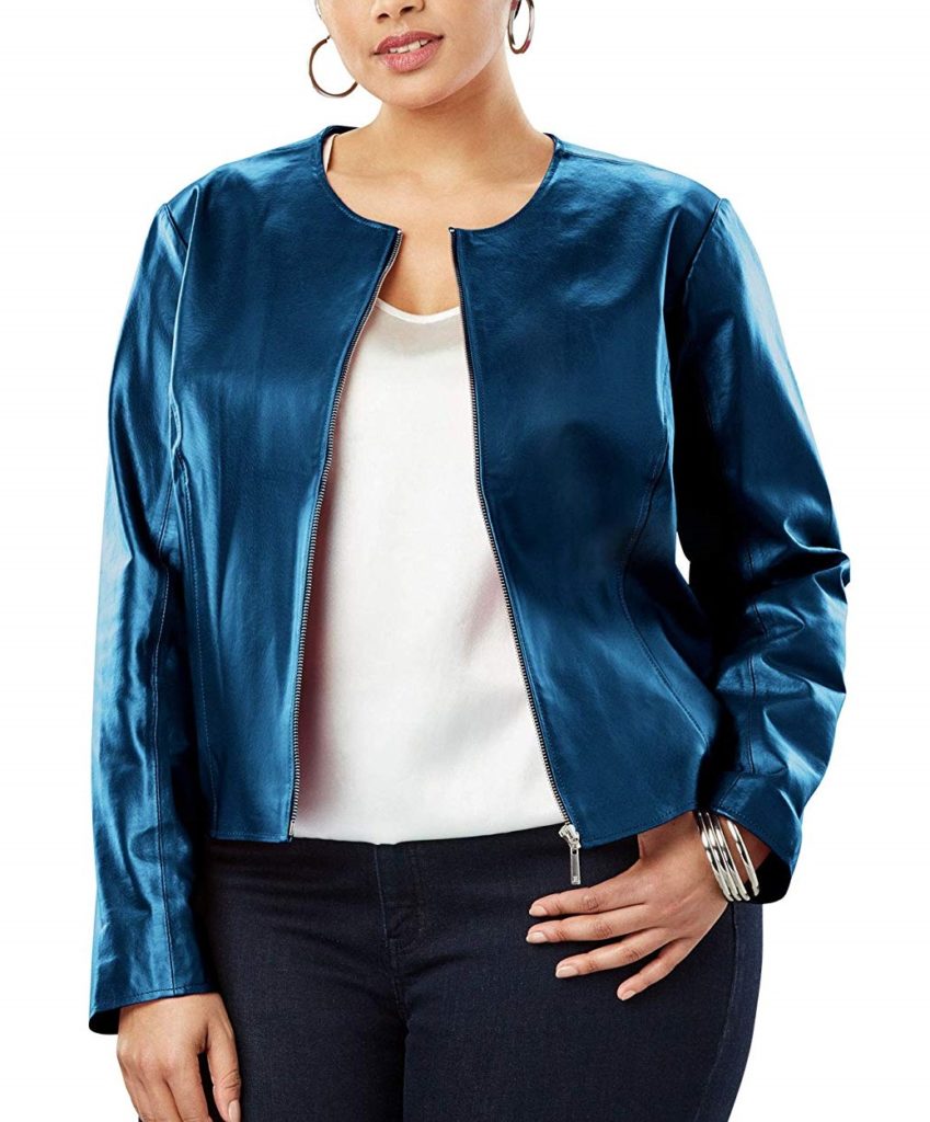 Women's Collarless Twilight Teal Leather Jacket - Maker of Jacket