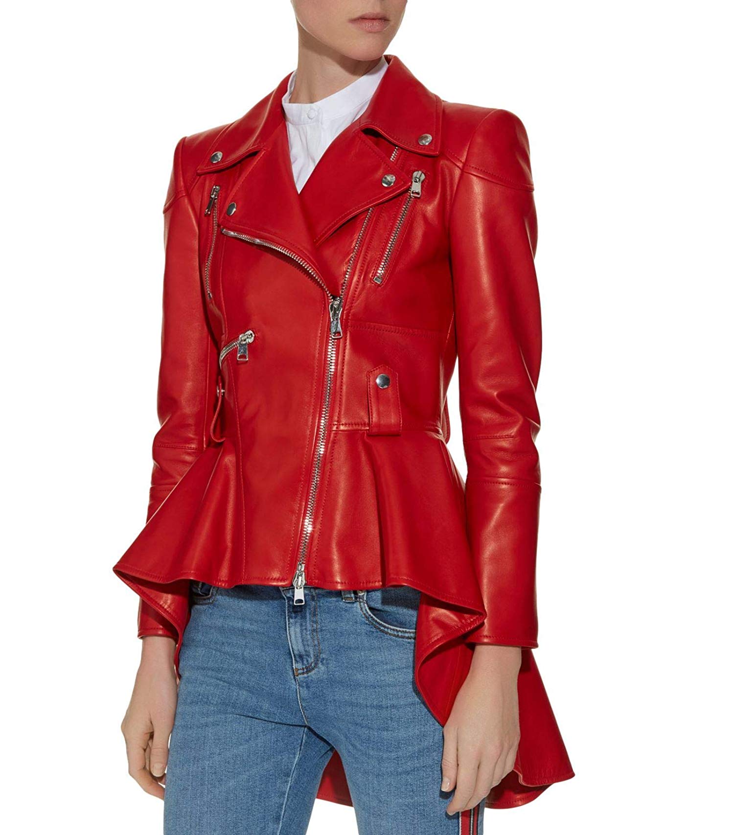 Women's Red Peplum Biker Leather Jacket - Maker of Jacket