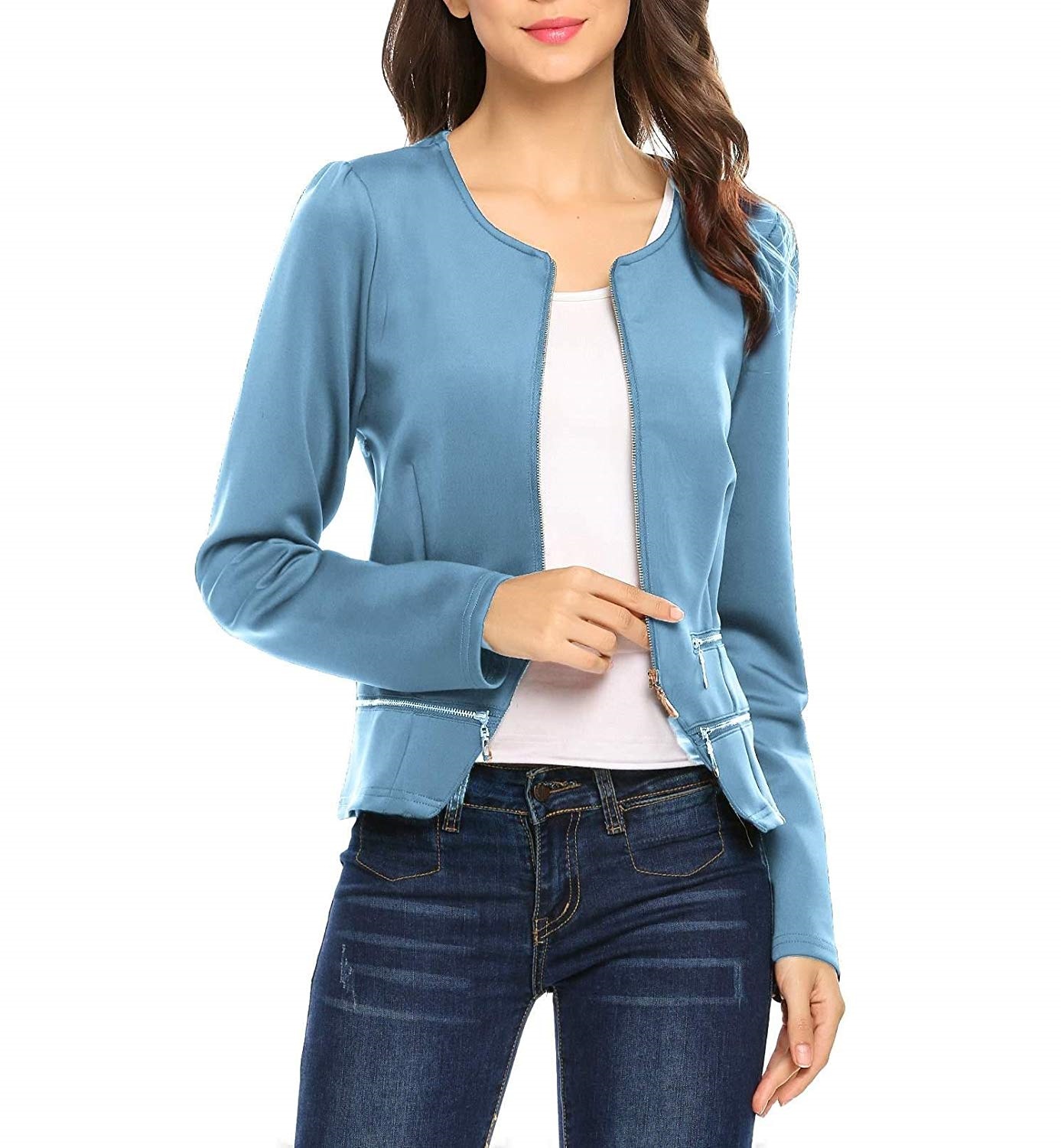 Women's Short Zipper Blue Jacket - Maker of Jacket