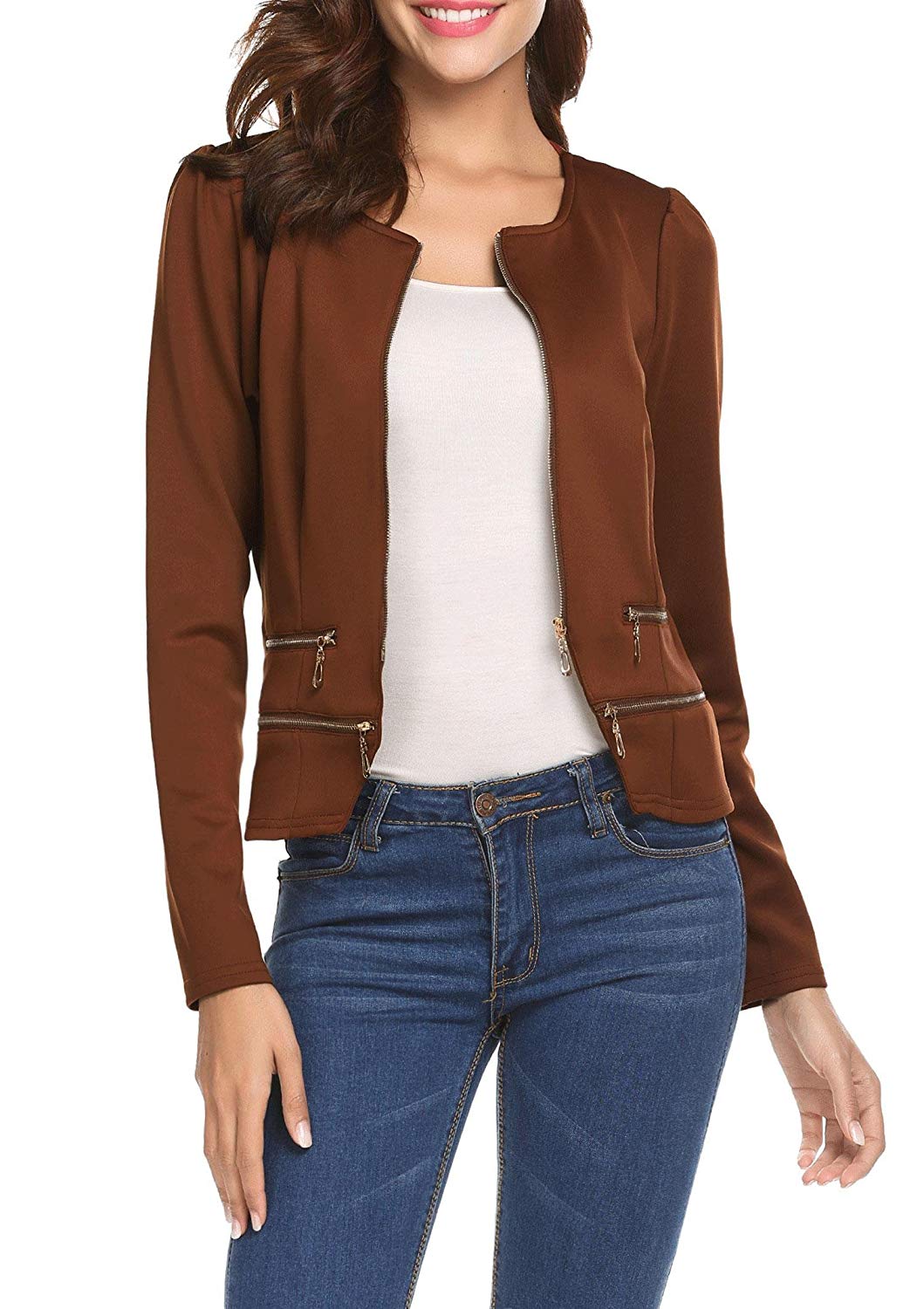 Women's Short Zipper Brown Jacket - Maker of Jacket
