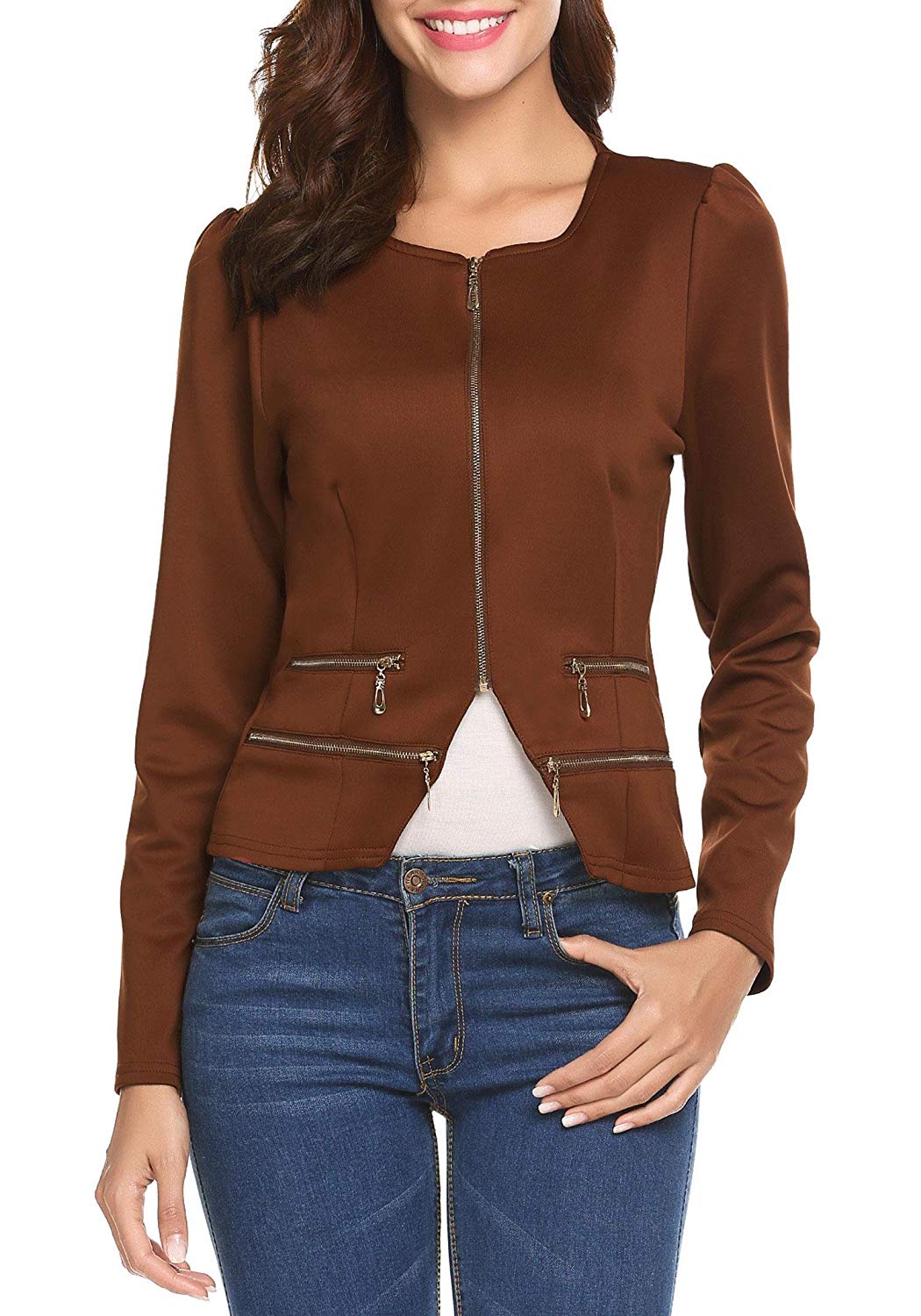 Women's Short Zipper Brown Jacket - Maker of Jacket