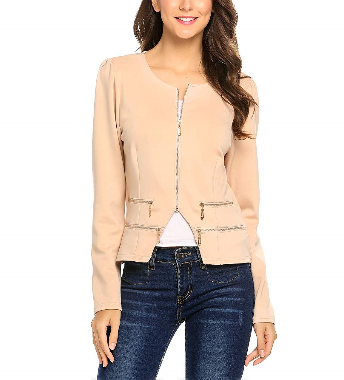 Women's Short Zipper Light Khaki Jacket - Maker of Jacket