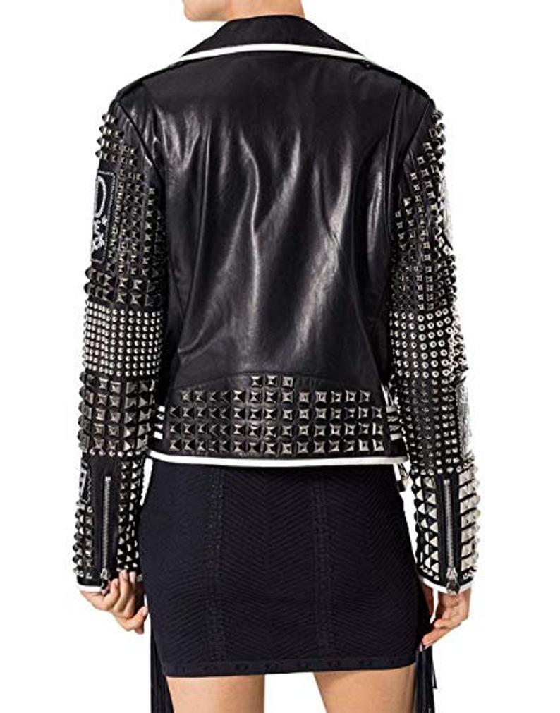 Ladies Punk Goth Studded Motorcycle Womens Black Biker Leather Jacket ...