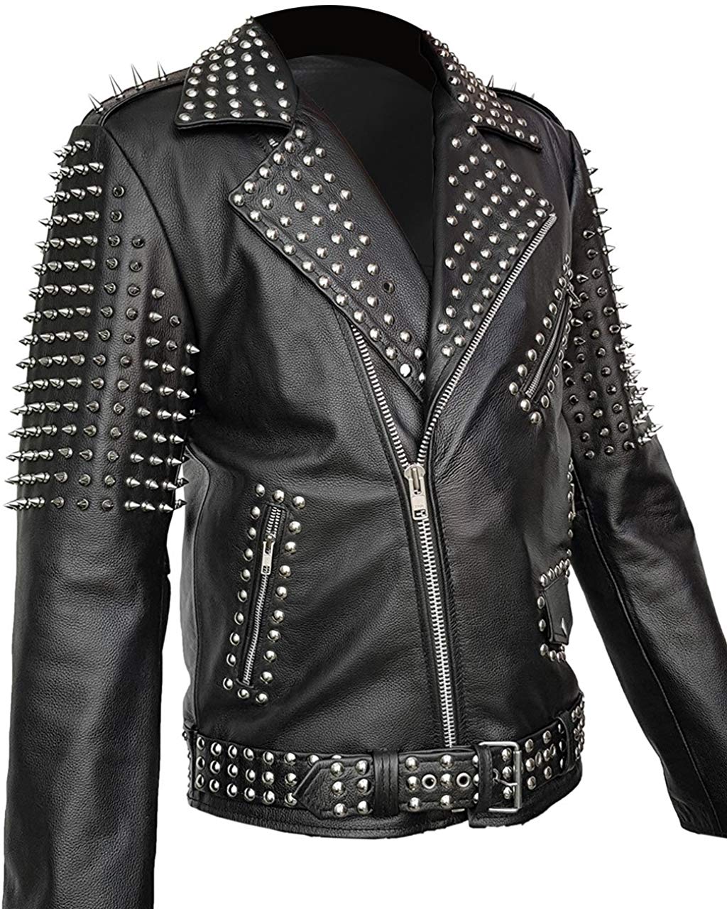 Black Leather Spike Studded Punk Cropped Style Jacket - Maker of Jacket