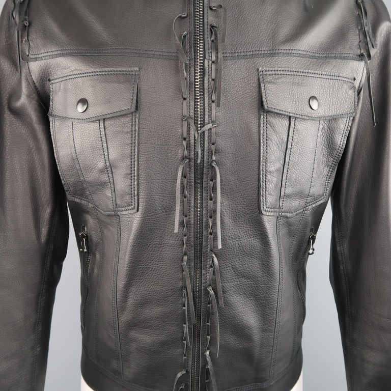 Black Leather Fringe Trim Green Collar Bomber Coat - Maker of Jacket