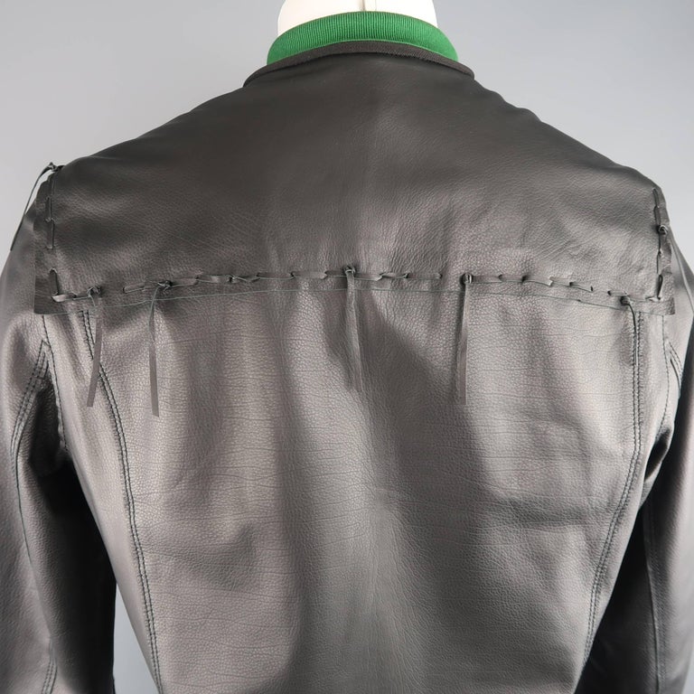 Black Leather Fringe Trim Green Collar Bomber Coat - Maker of Jacket