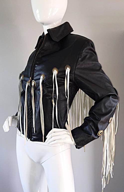 Vintage Black and White Leather Fringe Biker Western Jacket - Maker of ...