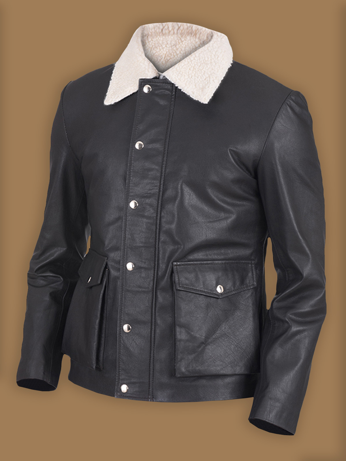 Men Black Button Shearling Leather Coat - Maker of Jacket