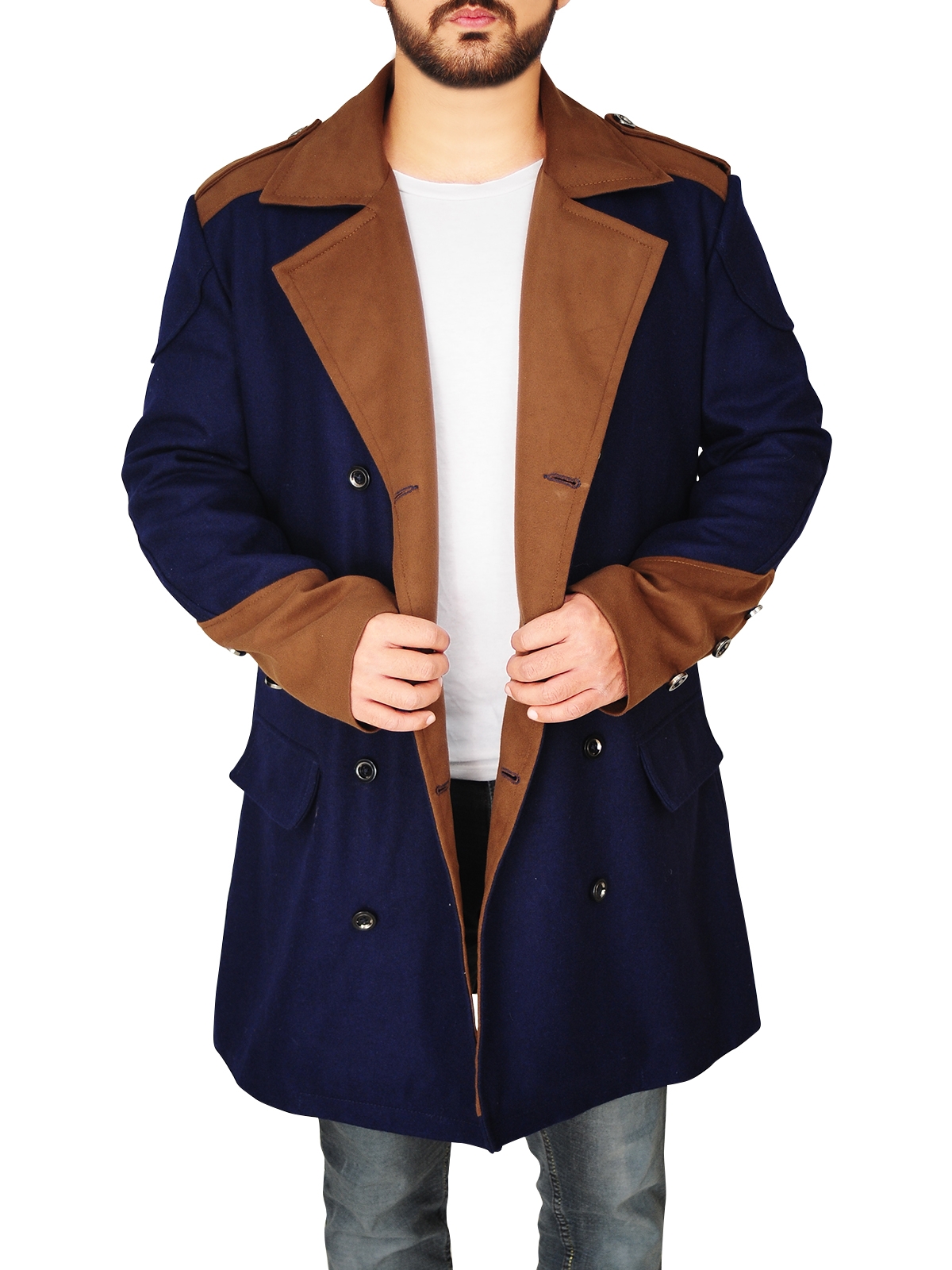 Men Blue Double Breasted Coat - Maker of Jacket
