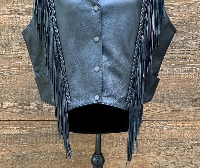 Men's Genuine Leather Black Fringe Motorcycle Vest - Maker of Jacket