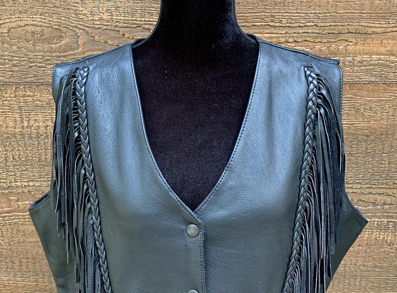 Men's Genuine Leather Black Fringe Motorcycle Vest - Maker of Jacket