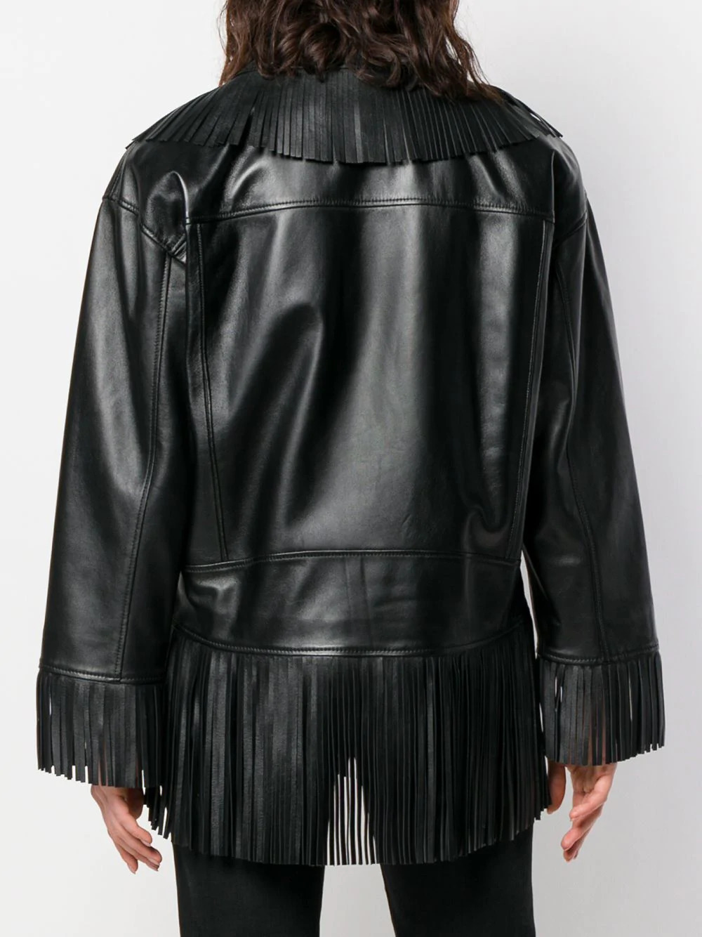 Woman's Black Oversized Fringe Trim Biker Jacket - Maker of Jacket