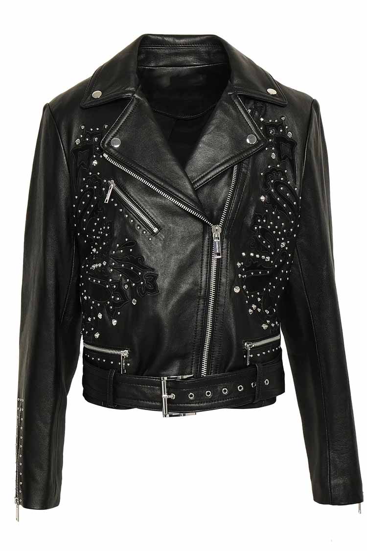 Women's Trimmed Studded Leather Biker Jacket - Maker of Jacket