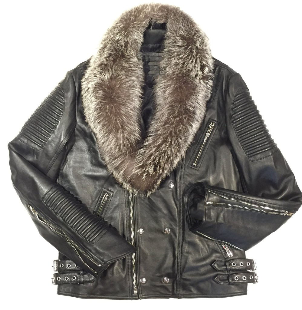 Silver Fox Collar Biker Jacket - Maker of Jacket