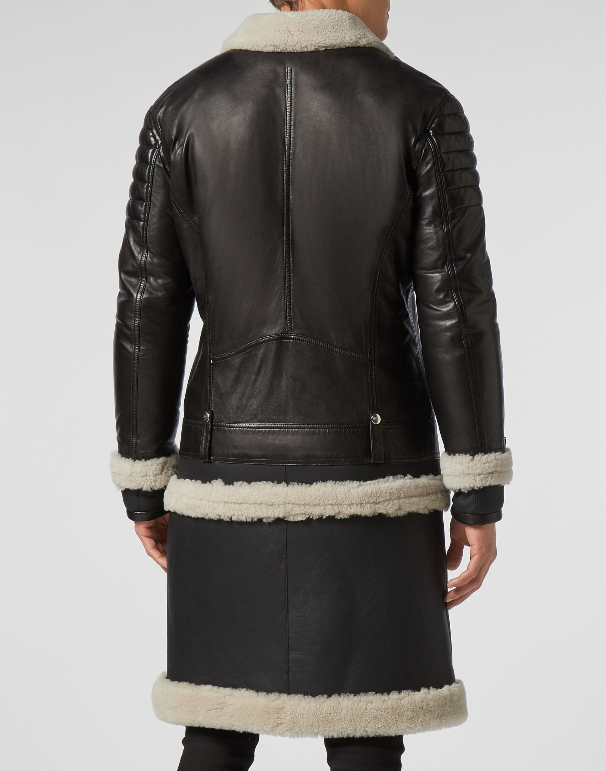 Black Leather Sheepskin Fur Long Coat - Maker of Jacket