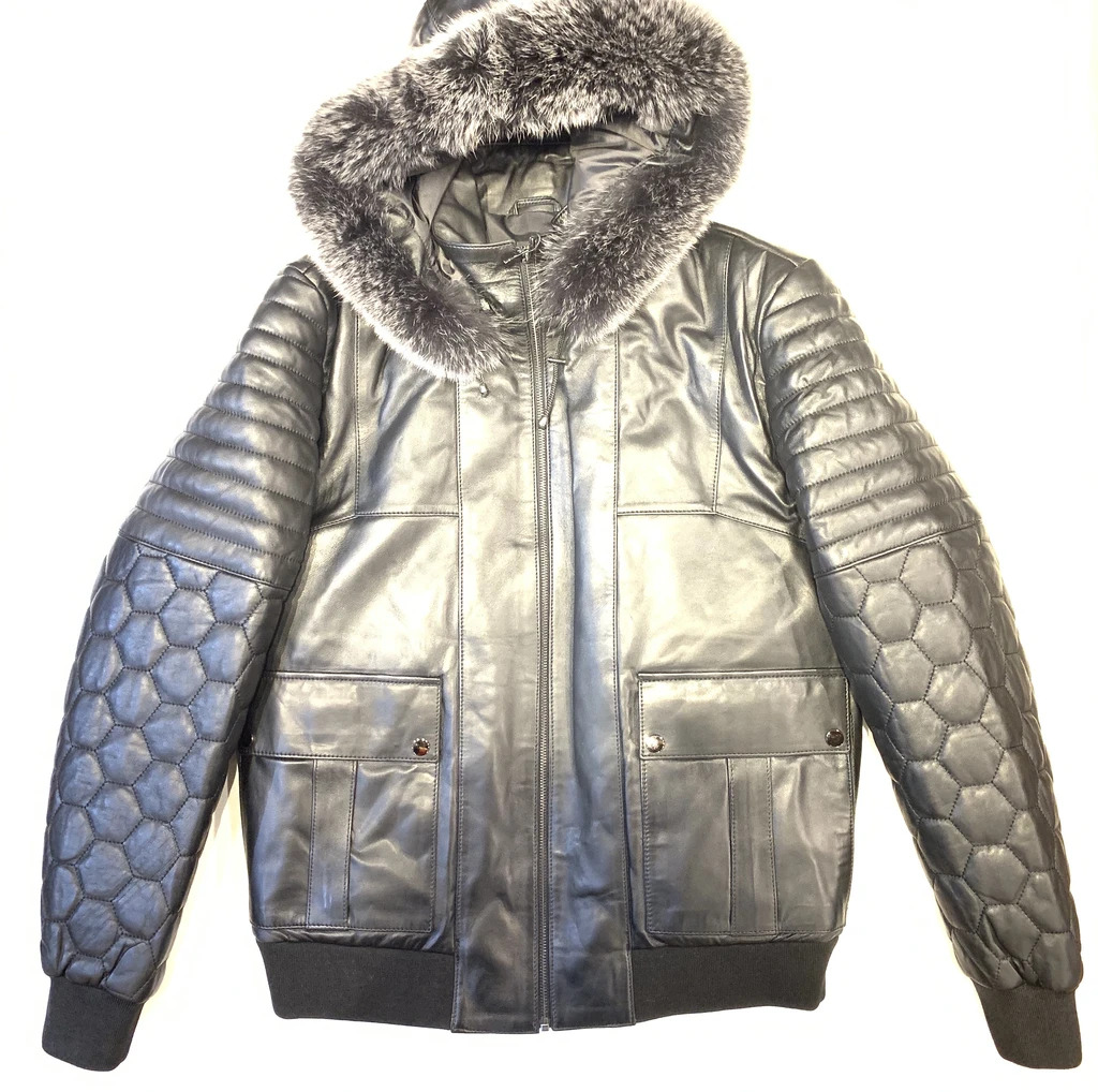Quilted Lambskin Silver Fox Fur Hooded Bomber Jacket - Maker of Jacket