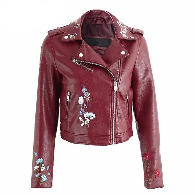 Faux Embroidery Wine Red Leather Biker Jacket - Maker of Jacket