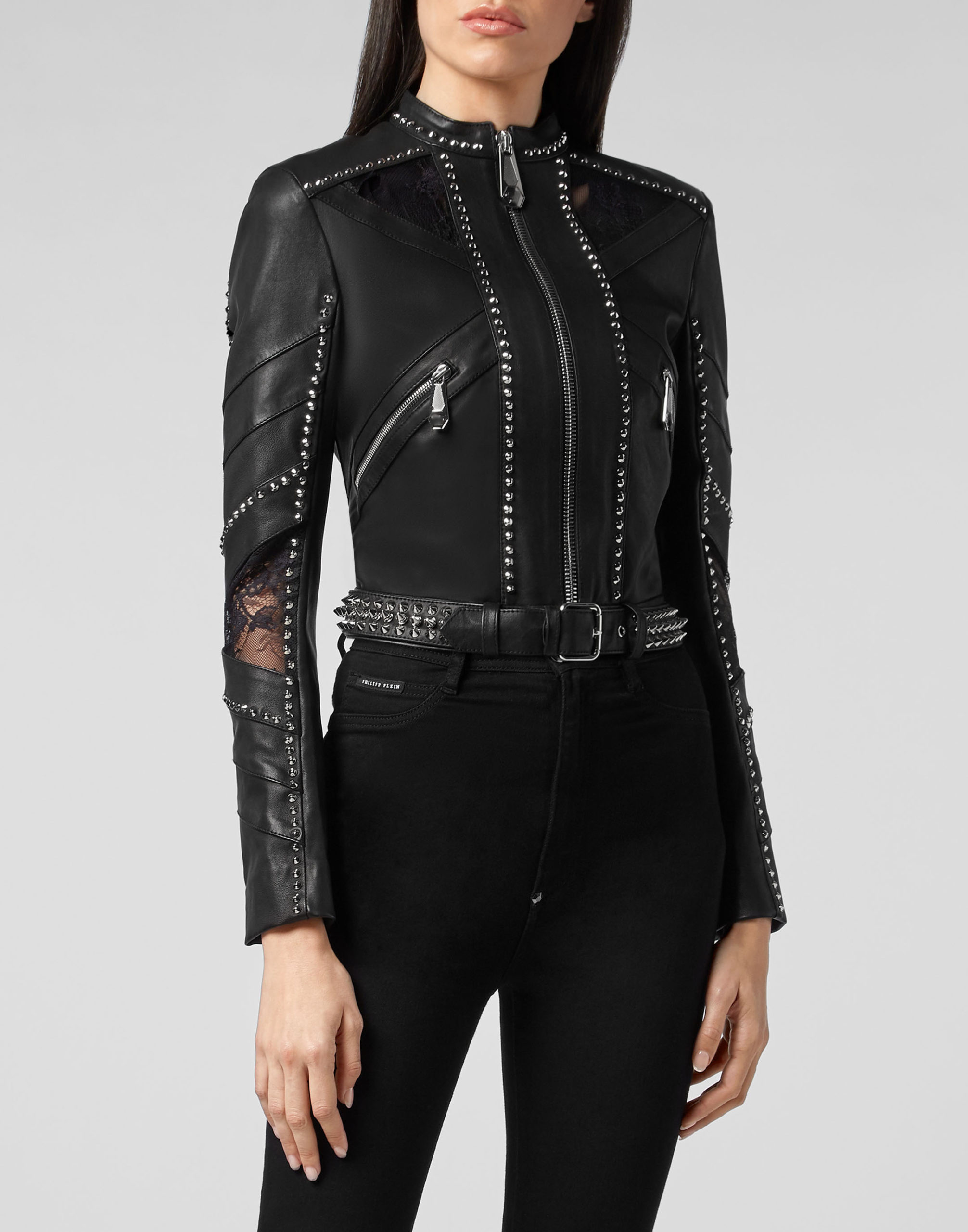 Black Lambskin Spike-Studded Biker Jacket - Maker of Jacket