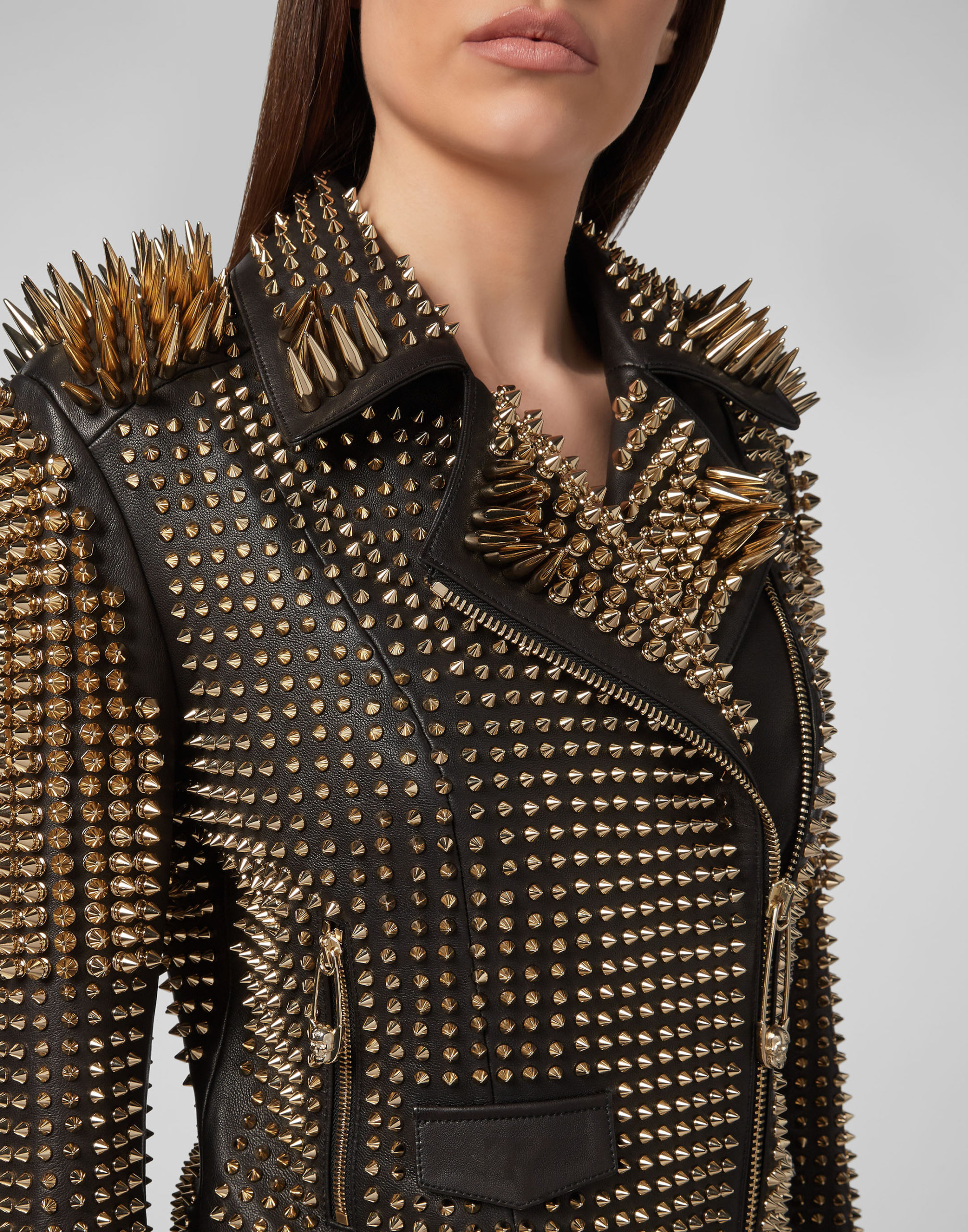 Black Leather Golden Spike Studded Punk Style Biker Jacket - Maker of ...